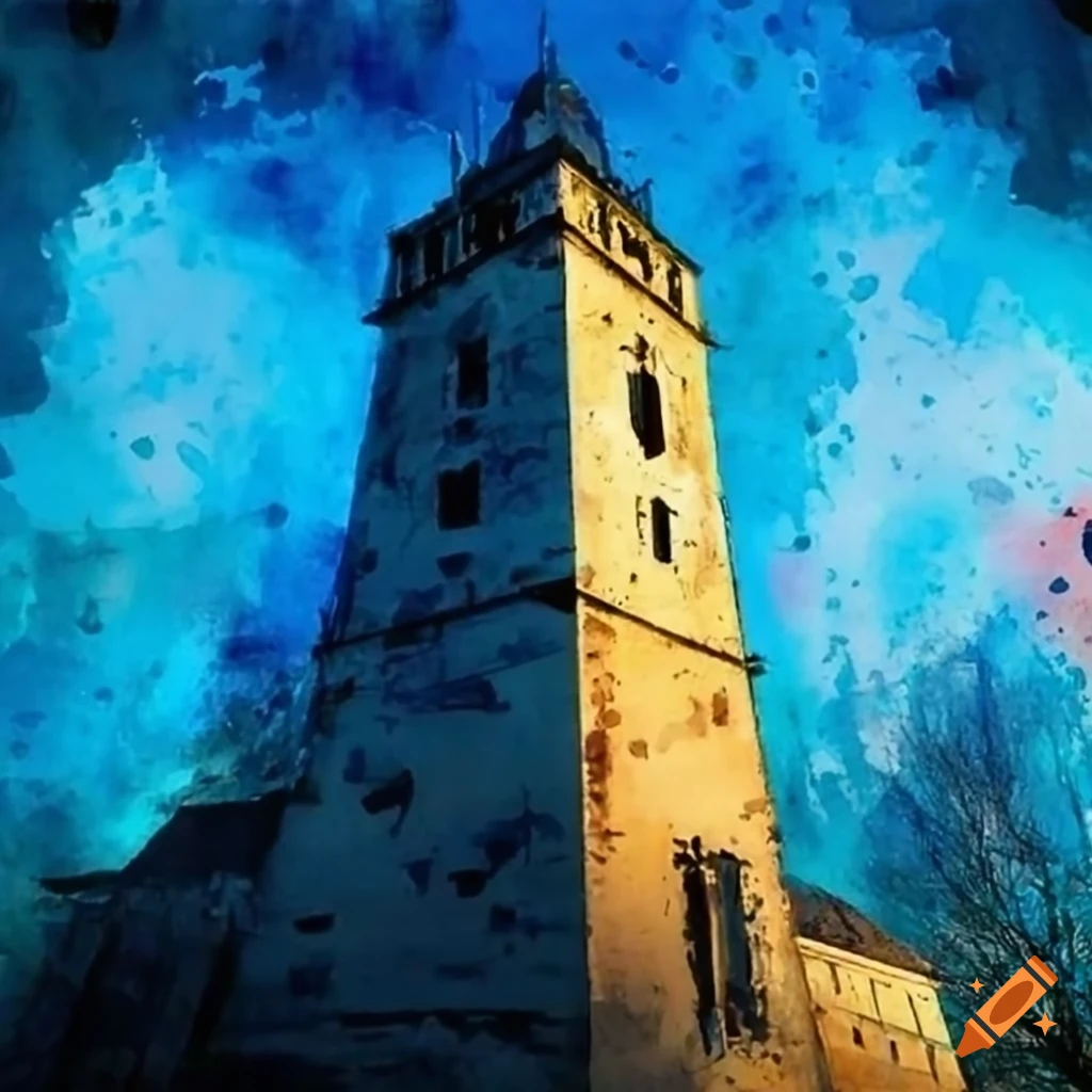 Fragmented watercolor of a norwegian bell tower on Craiyon