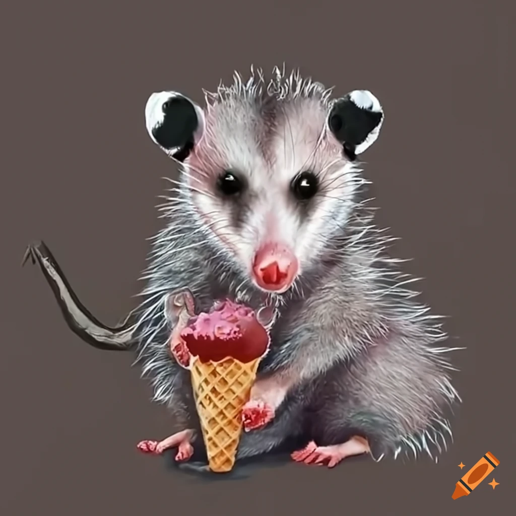 Opossum relaxing on a tree branch with ice cream on Craiyon