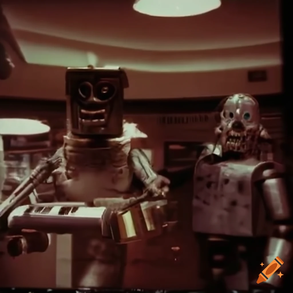 1970's low budget zombie robot attack in a shopping mall on Craiyon