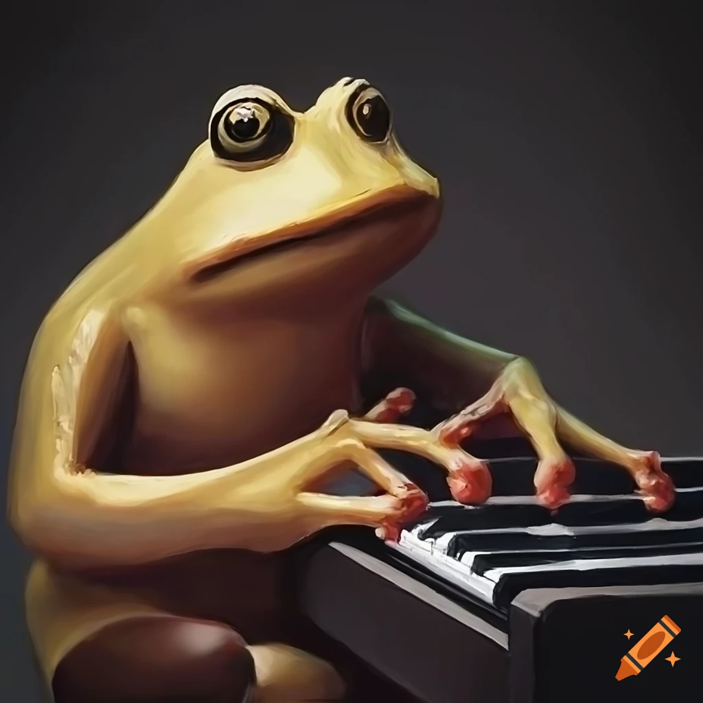 Clay frog playing piano sculpture in a realistic style on Craiyon