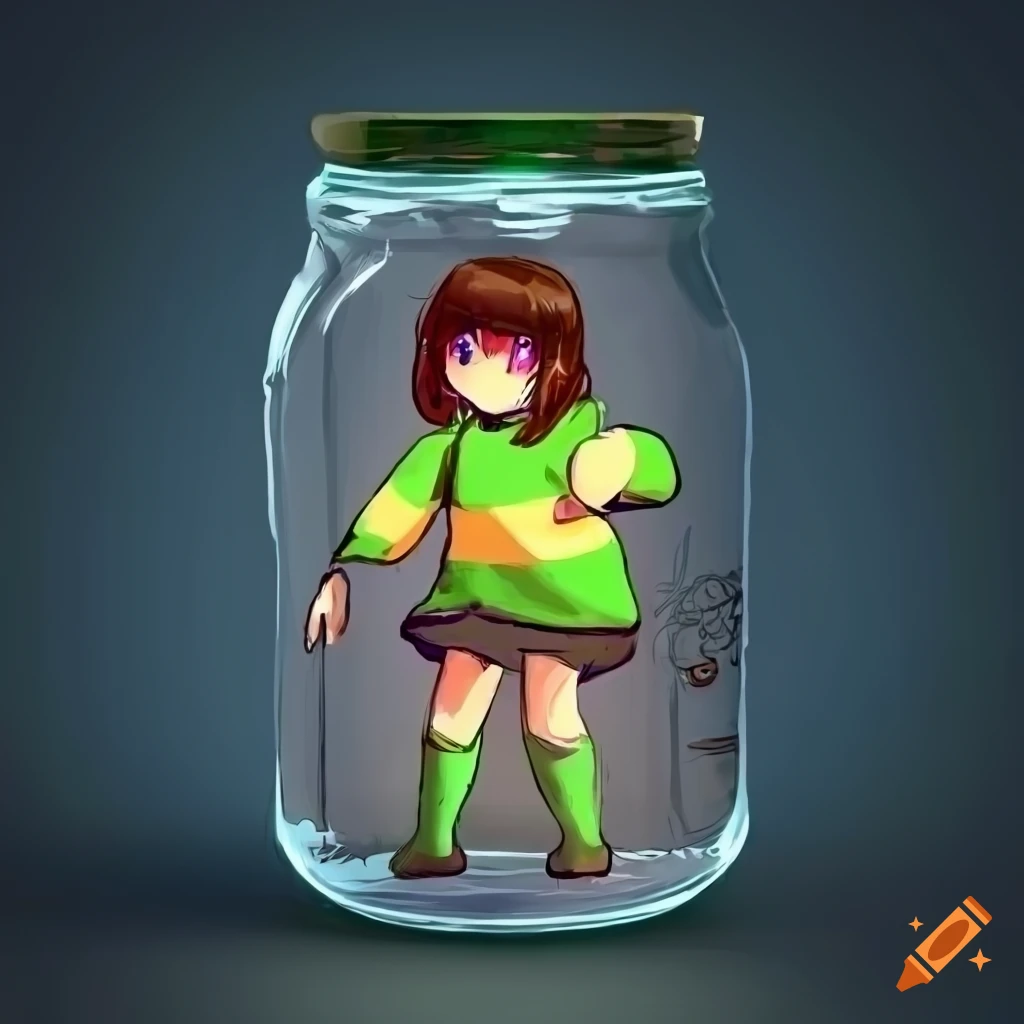 Illustration of Chara from Undertale in a vintage jar on Craiyon