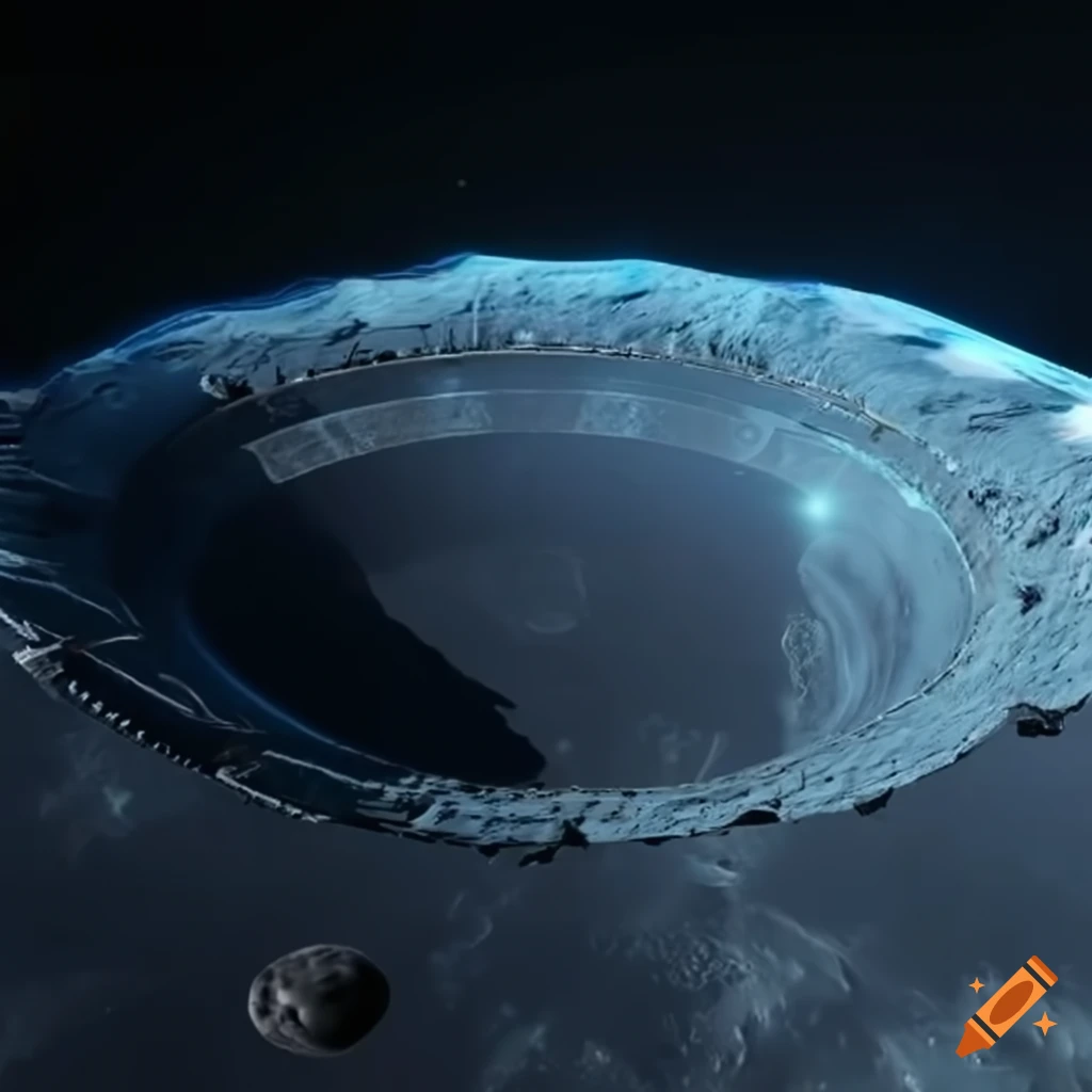 Architectural rendering of a multi-level space station in a lunar crater on Craiyon