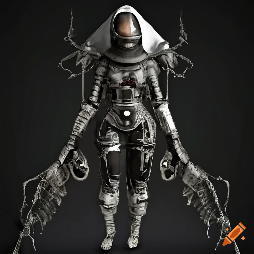 Character design of a holy-shrouded insect astronaut-nun in a ...