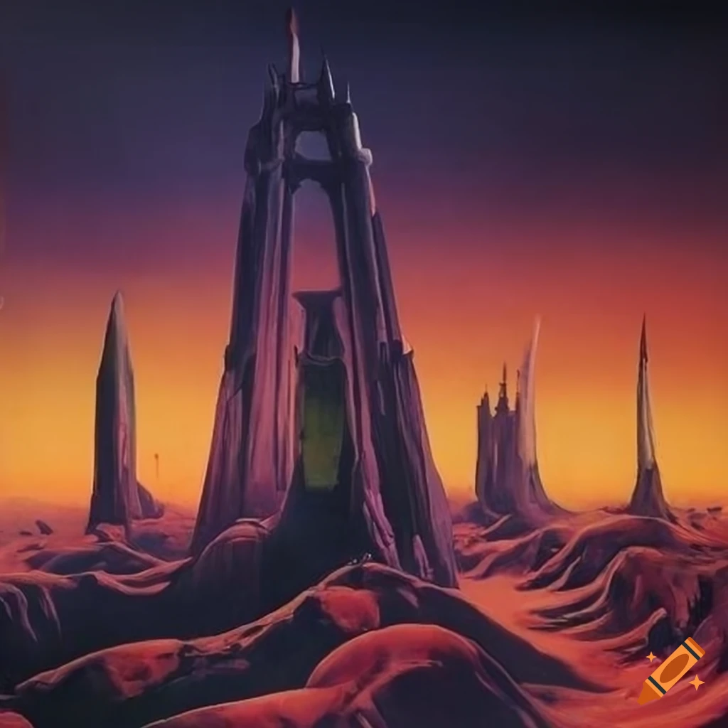 High detail 1970's sci-fi art print 'desolate worlds' depicting an ...