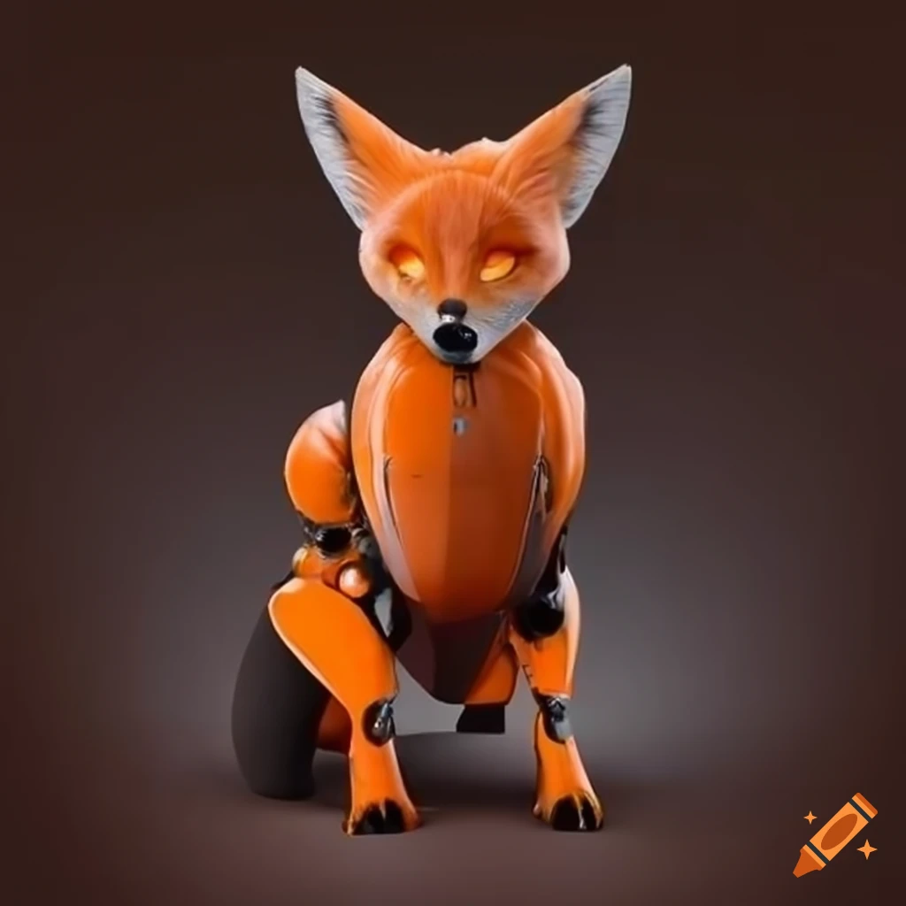 Intriguing robotic fox design in orange and black colors on Craiyon