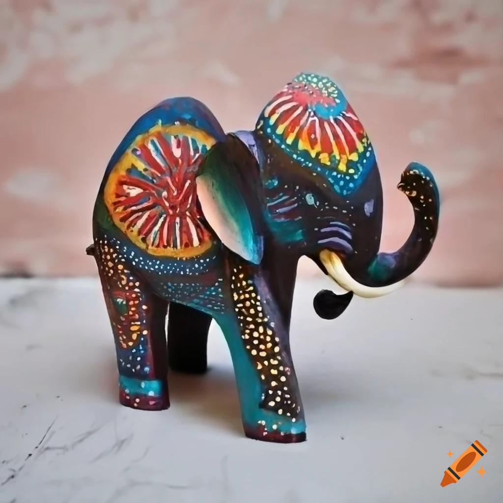 Wooden elephant with colorful markings in Bali primitive art style on ...