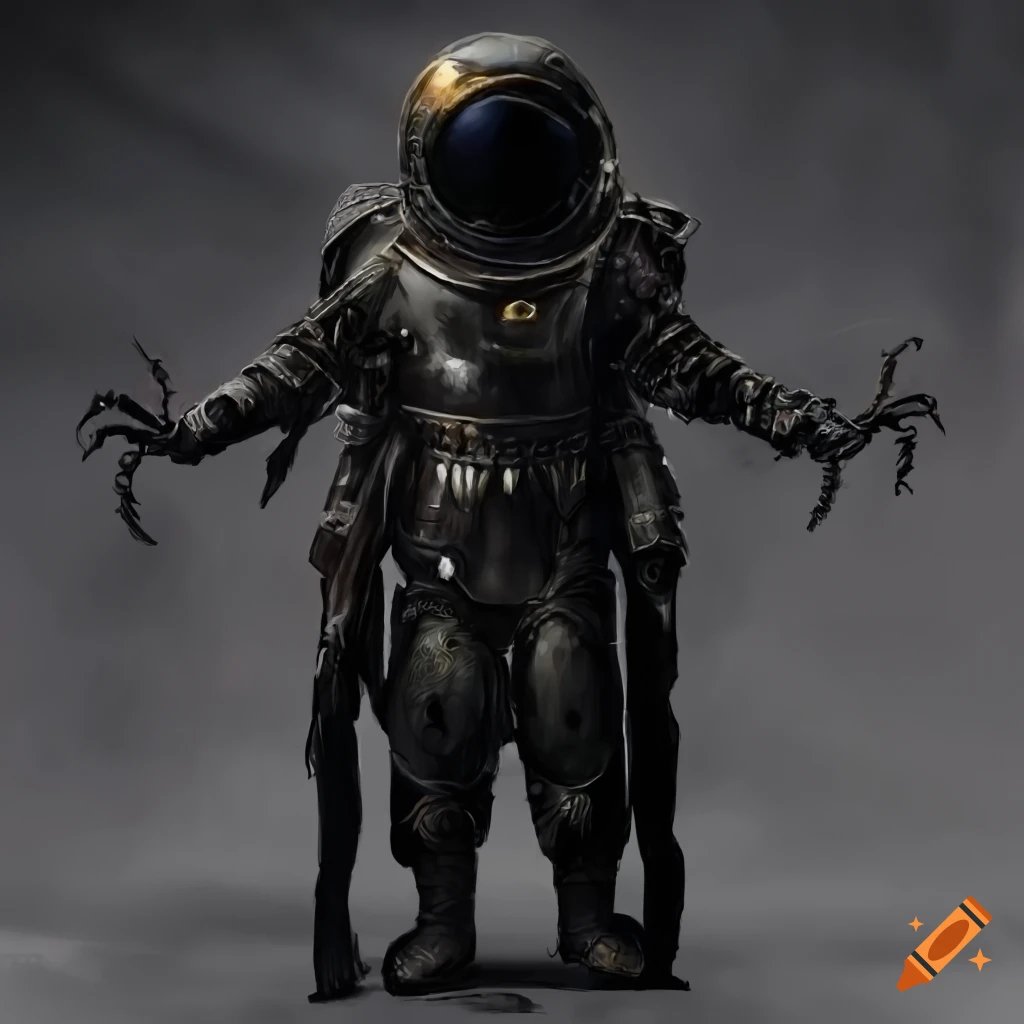Insect astronaut in victorian-era black spacesuit fused with chitinous ...