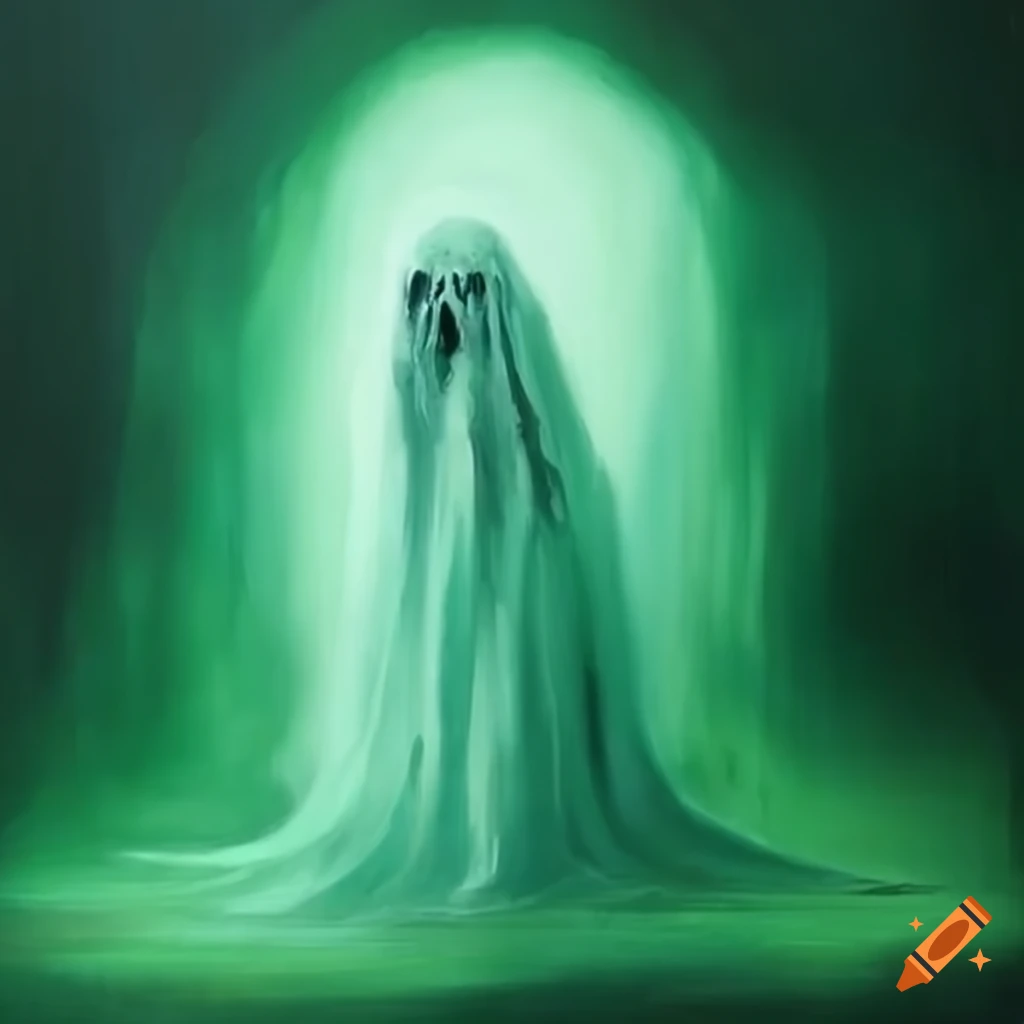 Ghost depicted through haunting green mist in a painting on Craiyon