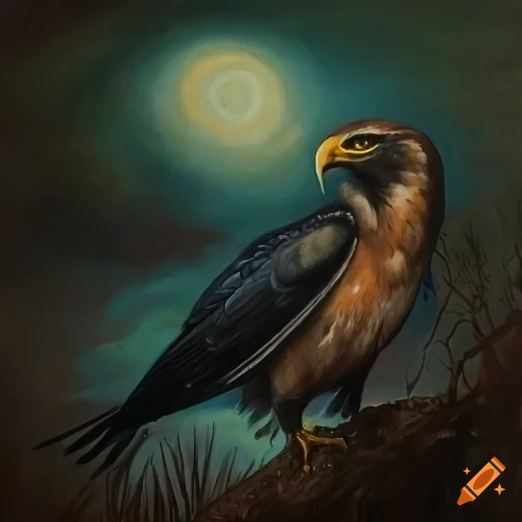 Zhostovo painting of a bird of prey in tundra on Craiyon