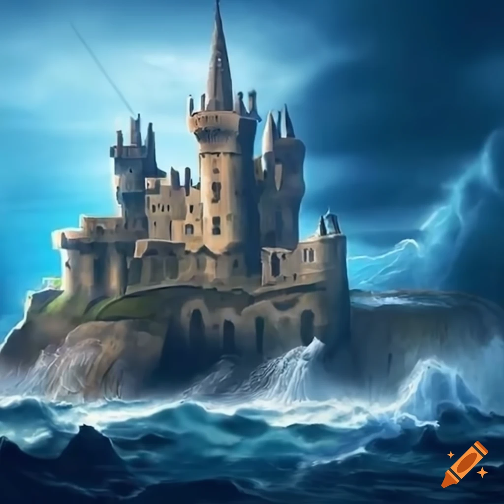 Huge castle with stone statues overlooking stormy ocean on Craiyon