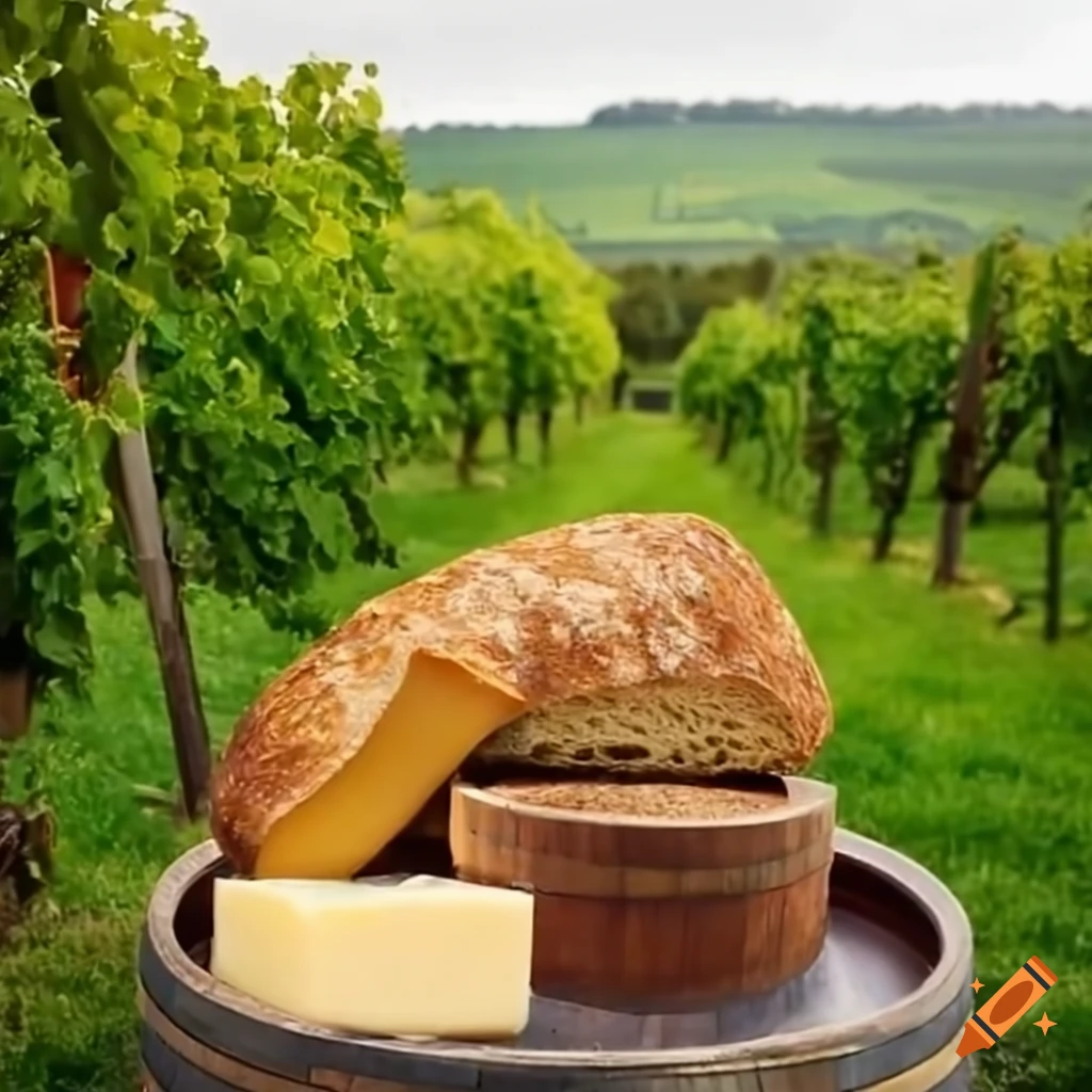 Bread, wine, and cheese on a vineyard barrel on Craiyon