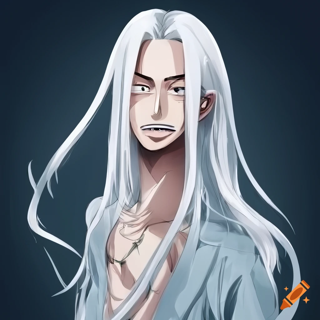 Portrait of a skinny anime character with long white hair in one piece ...