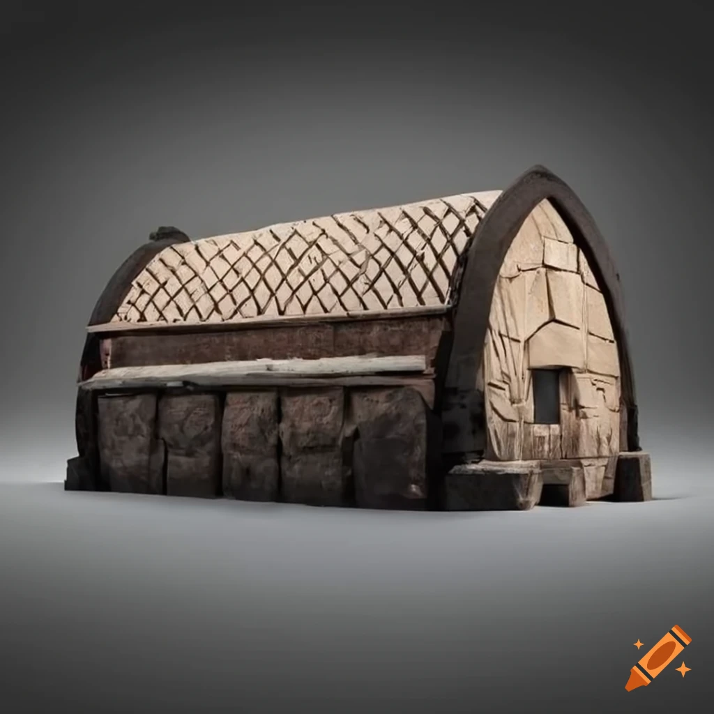 Primitive stone building resembling a Viking boat hull upside down with ...