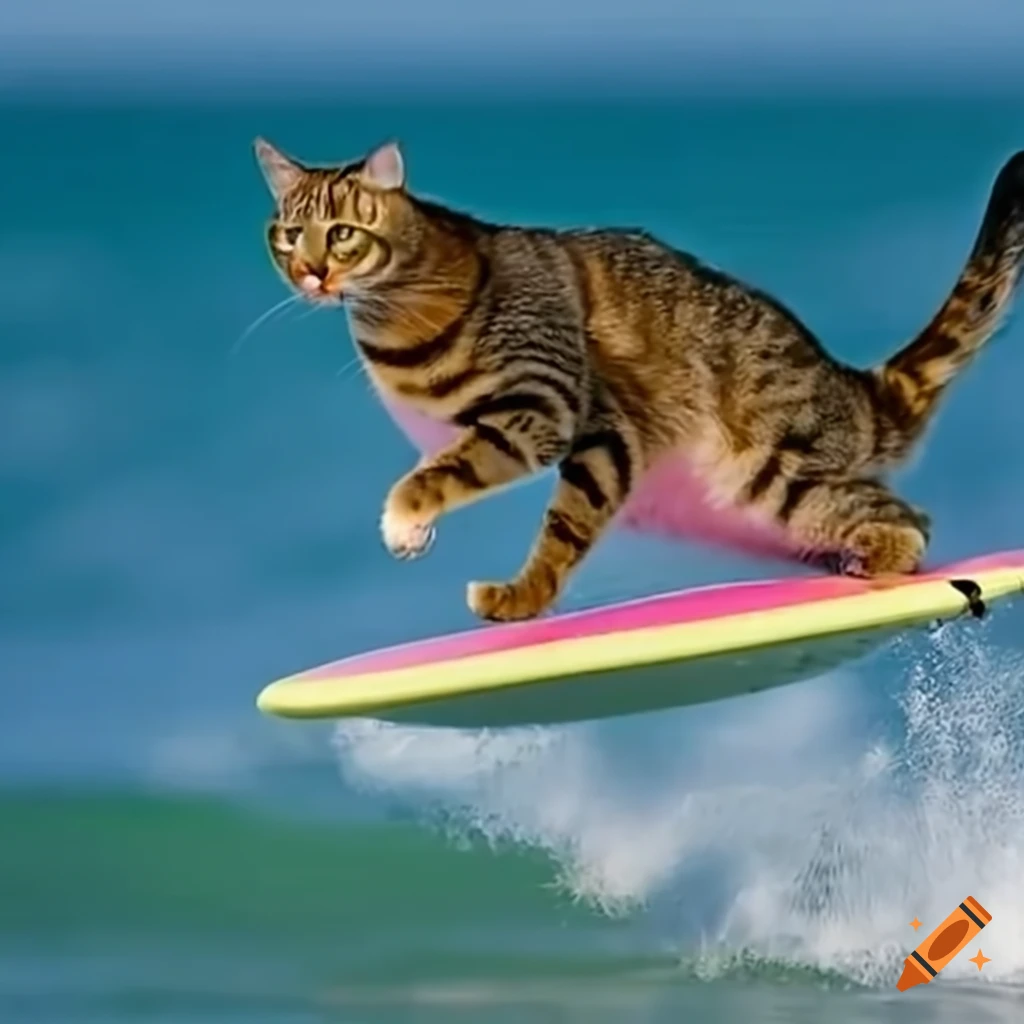 Cat surfing a huge wave on Craiyon