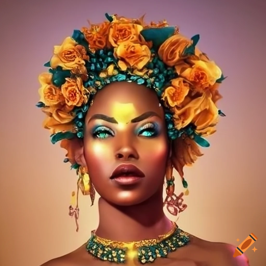 Nubian goddess in flower attire in a desert setting on Craiyon