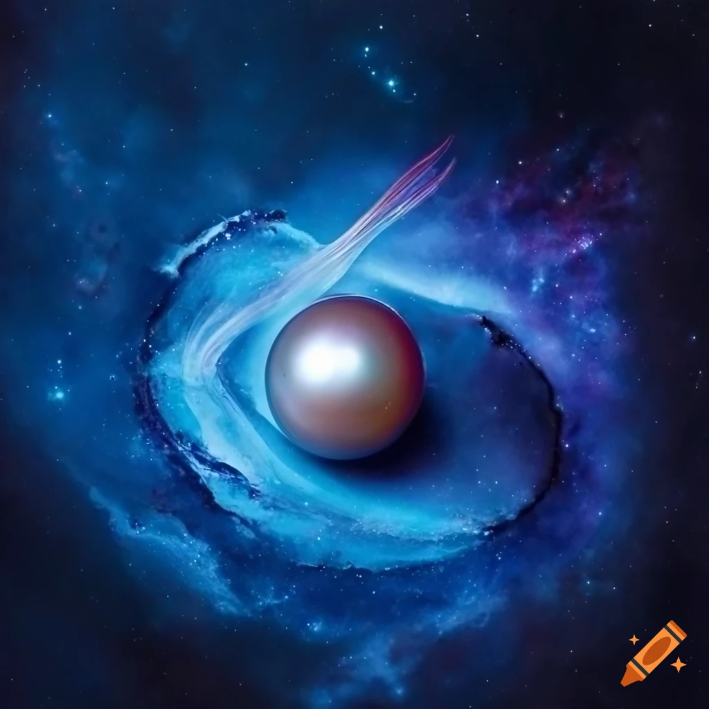 Blue fire, meteorites, shooting stars inside a sea pearl with galaxy on ...