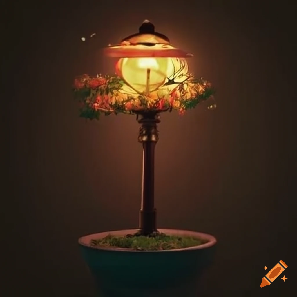 Lamp in a forest setting with trees and weeds on Craiyon