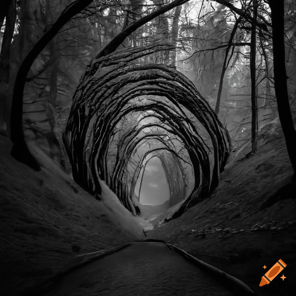 Circular forest chasm in the distance in black and white on Craiyon