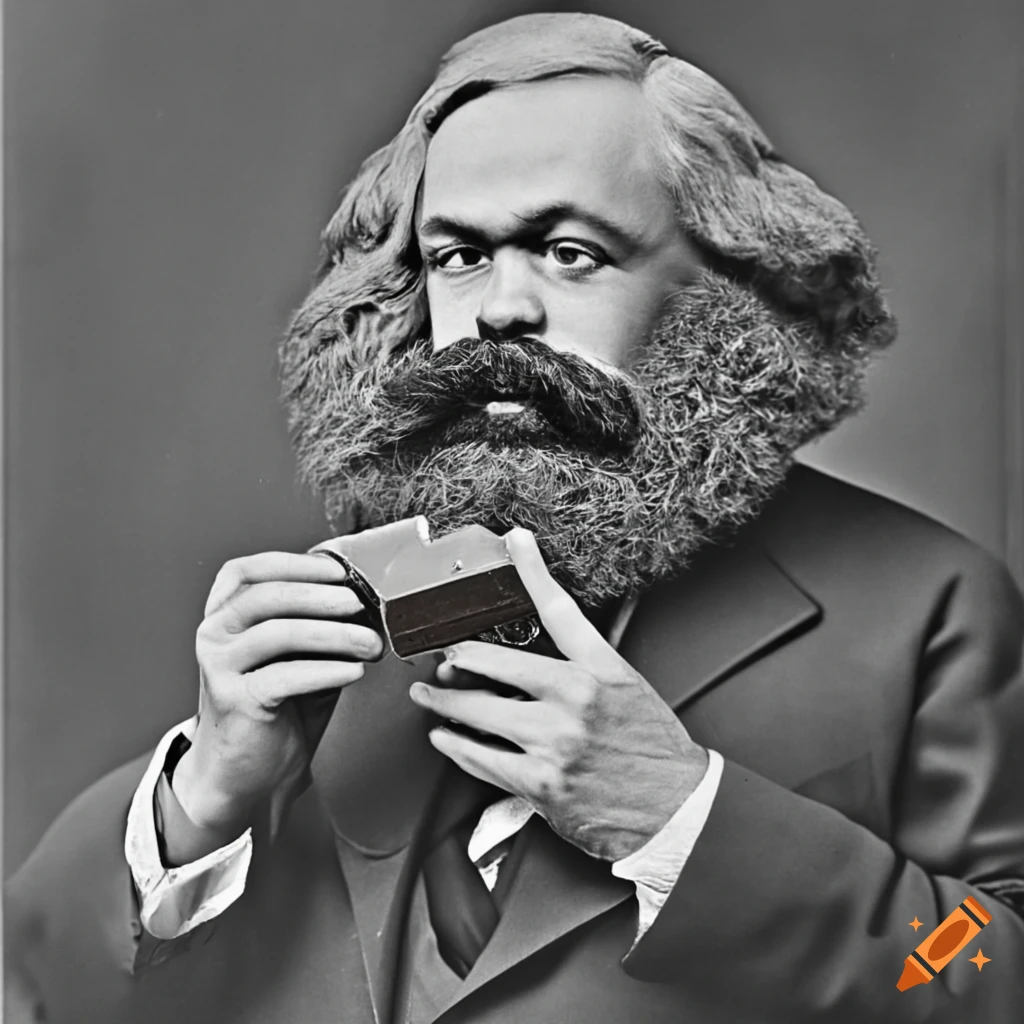 Satirical image of karl marx enjoying chocolate on Craiyon