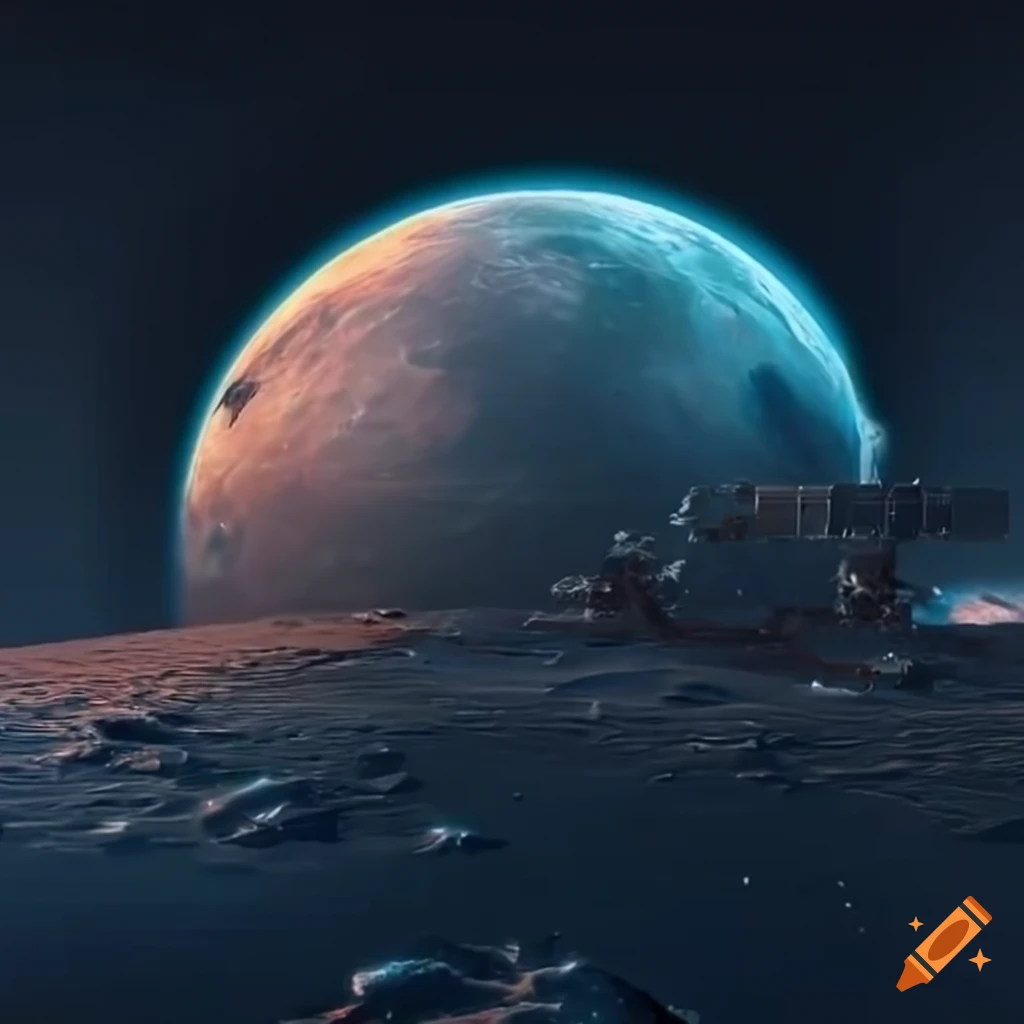 Futuristic space station with glowing structures on a lunar landscape on Craiyon