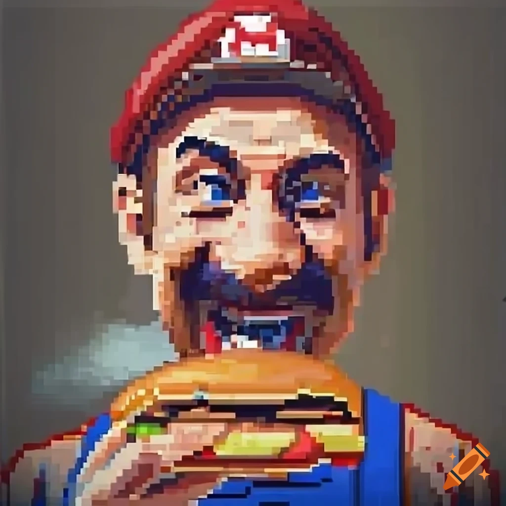 Pixel art oil painting of Super Mario laughing and preparing a ...