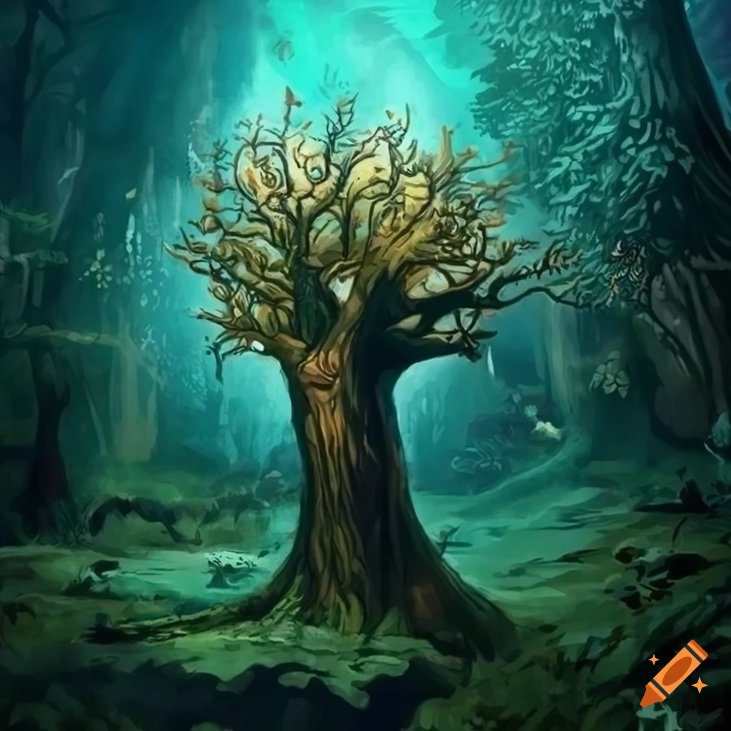 Harry potter-themed sleeping trees with fruits, detailed illustration ...