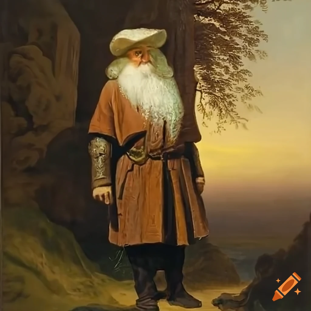 Old bearded man in medieval attire standing on rugged stone surface on ...