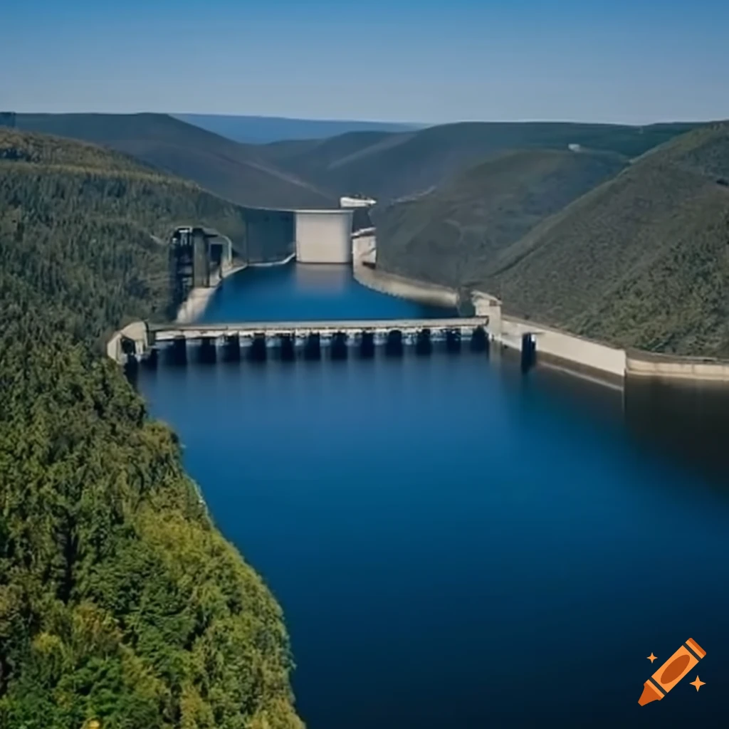 Hydraulic energy dam with data center and transmission lines on Craiyon