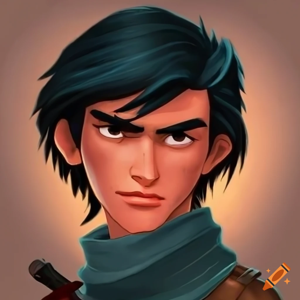 Close up portrait of a male medieval rogue with black hair in a Disney ...