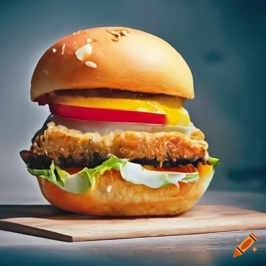 Fish burger with sunny side up egg topping on Craiyon