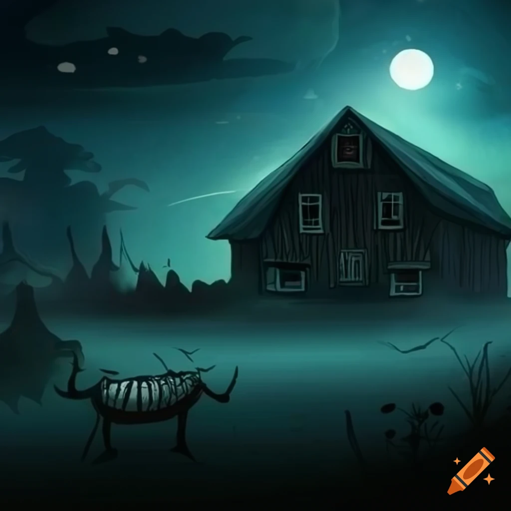 Detailed illustration of a spooky bean farm at night on Craiyon