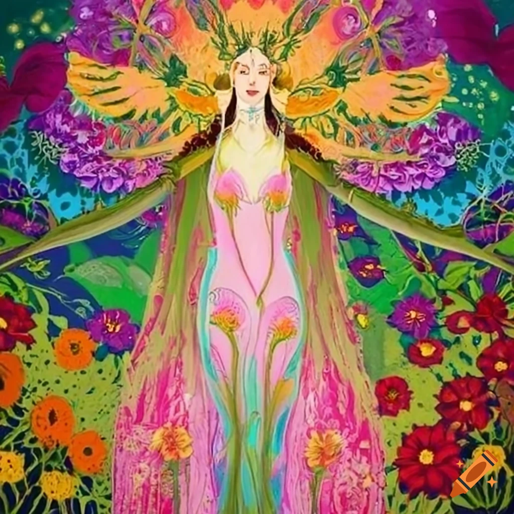 Majestic flower goddess in a vibrant meadow surrounded by colorful ...