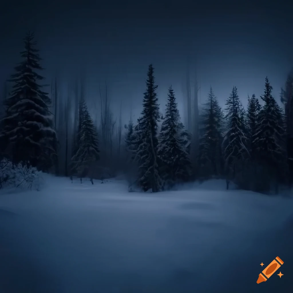 Dark snow forest at night on Craiyon