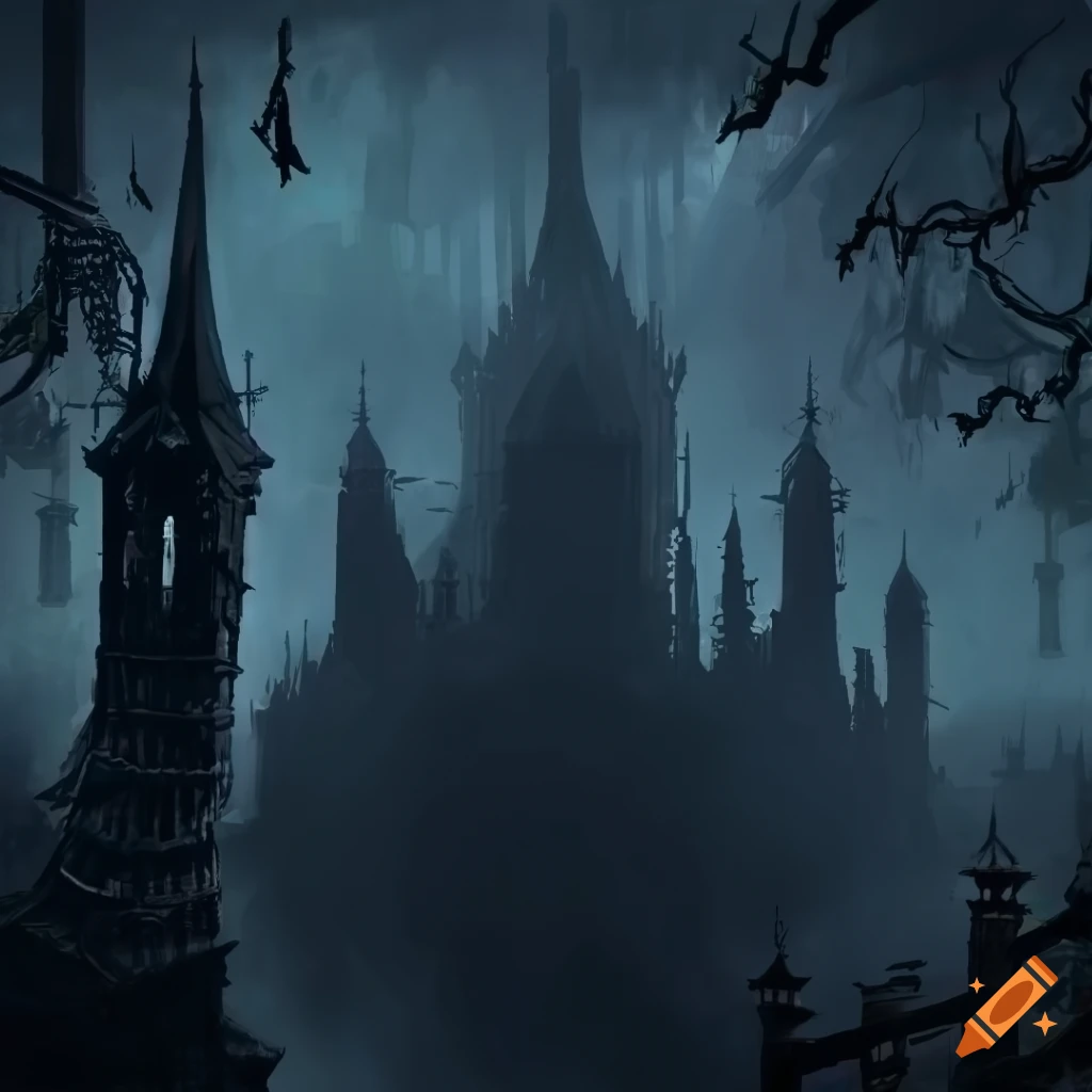 Gothic city inspired by bloodborne in a rainy night with lightning on ...