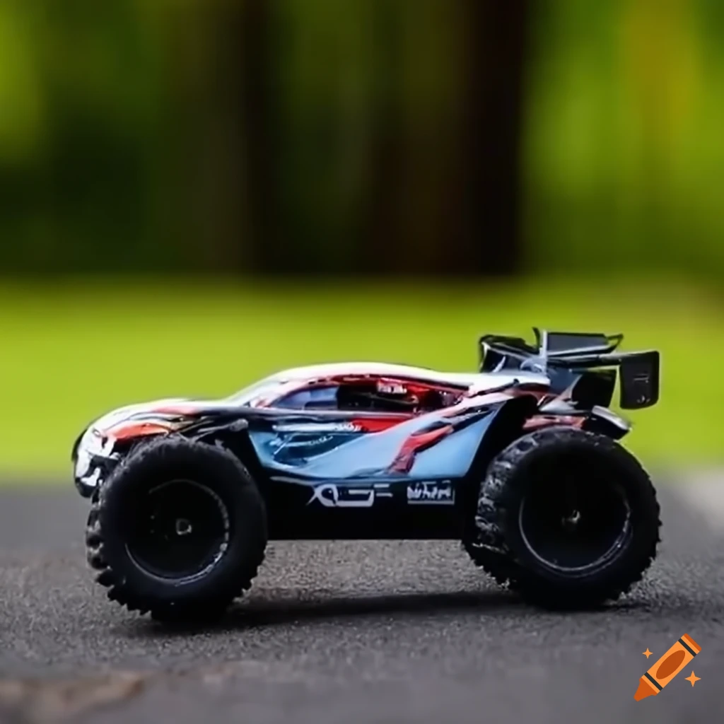 Miniature rc cars racing on a complex track on Craiyon