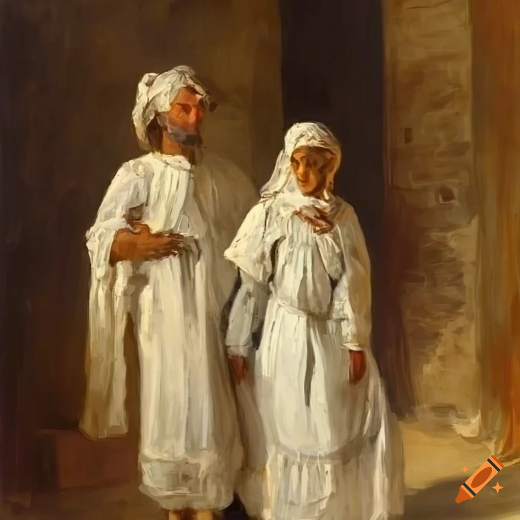 Man and woman in traditional samaritan clothes in impressionist style ...