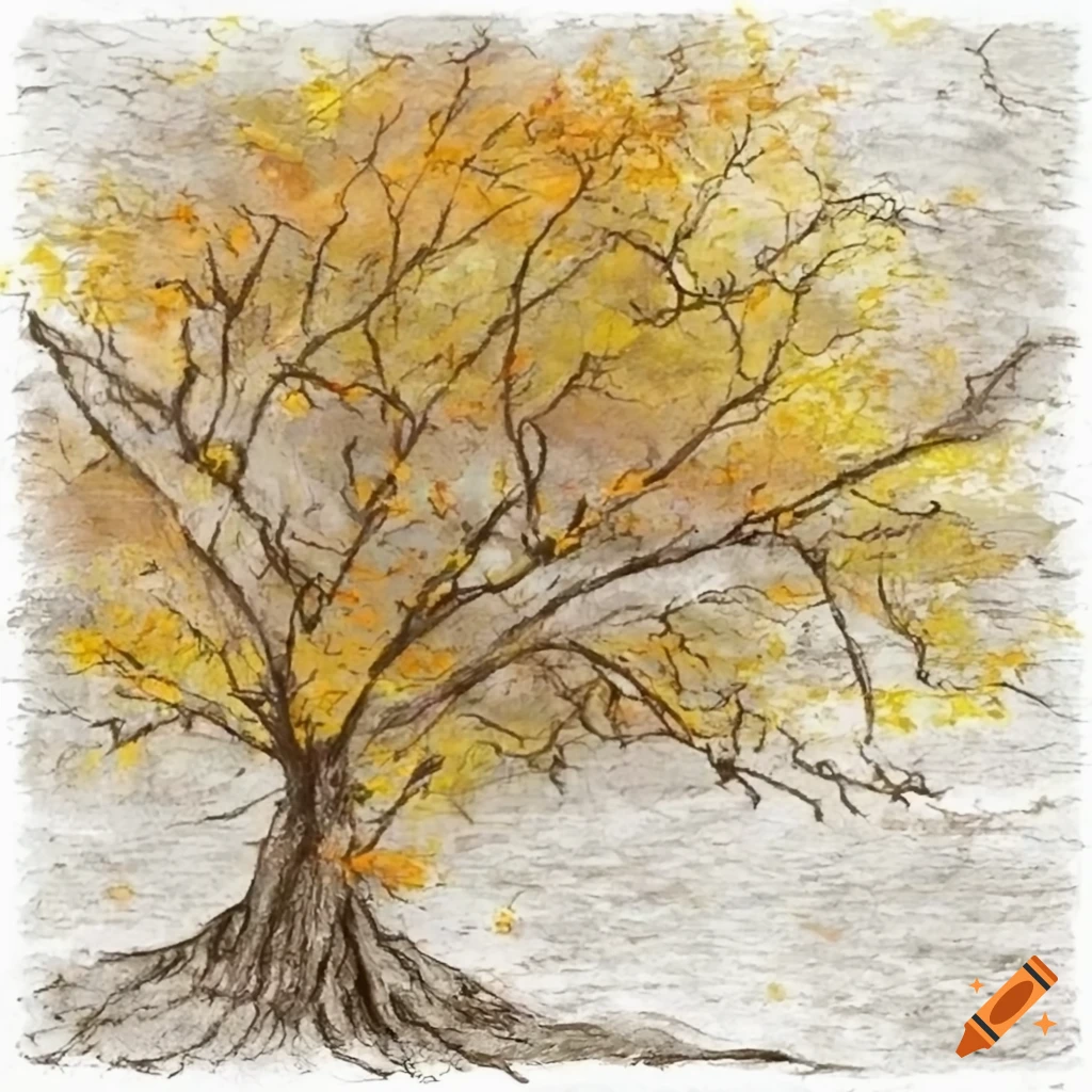 Autumn oak tree with yellow ribbon dancing in the wind on Craiyon