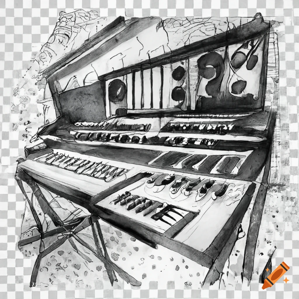 Black ink drawing of a modern music studio on Craiyon