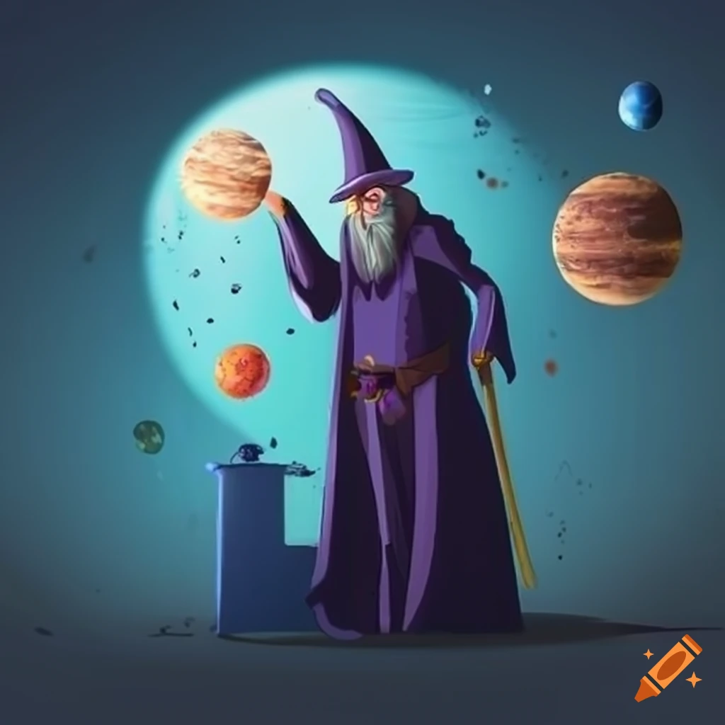 Wizard surrounded by planets on Craiyon