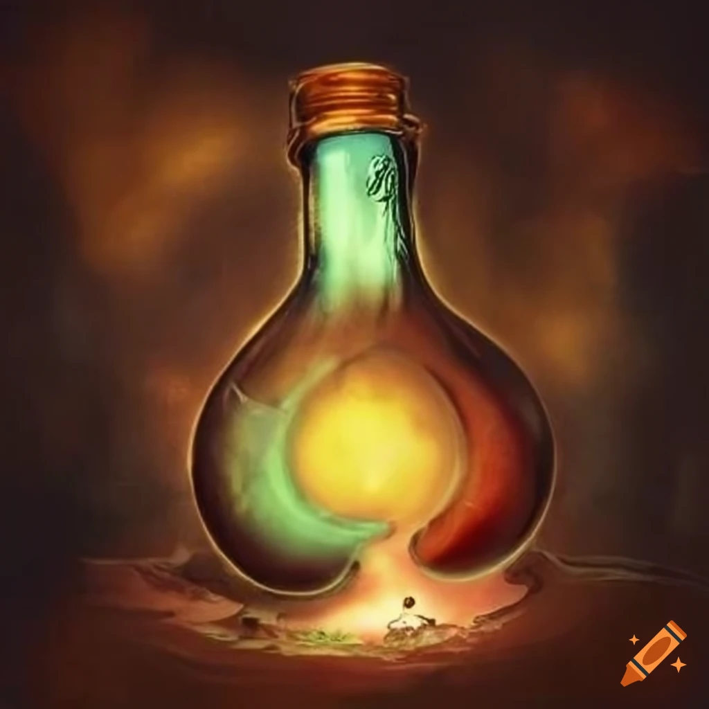 Bottle of magic potion in a heroic fantasy and alchemy atmosphere on ...