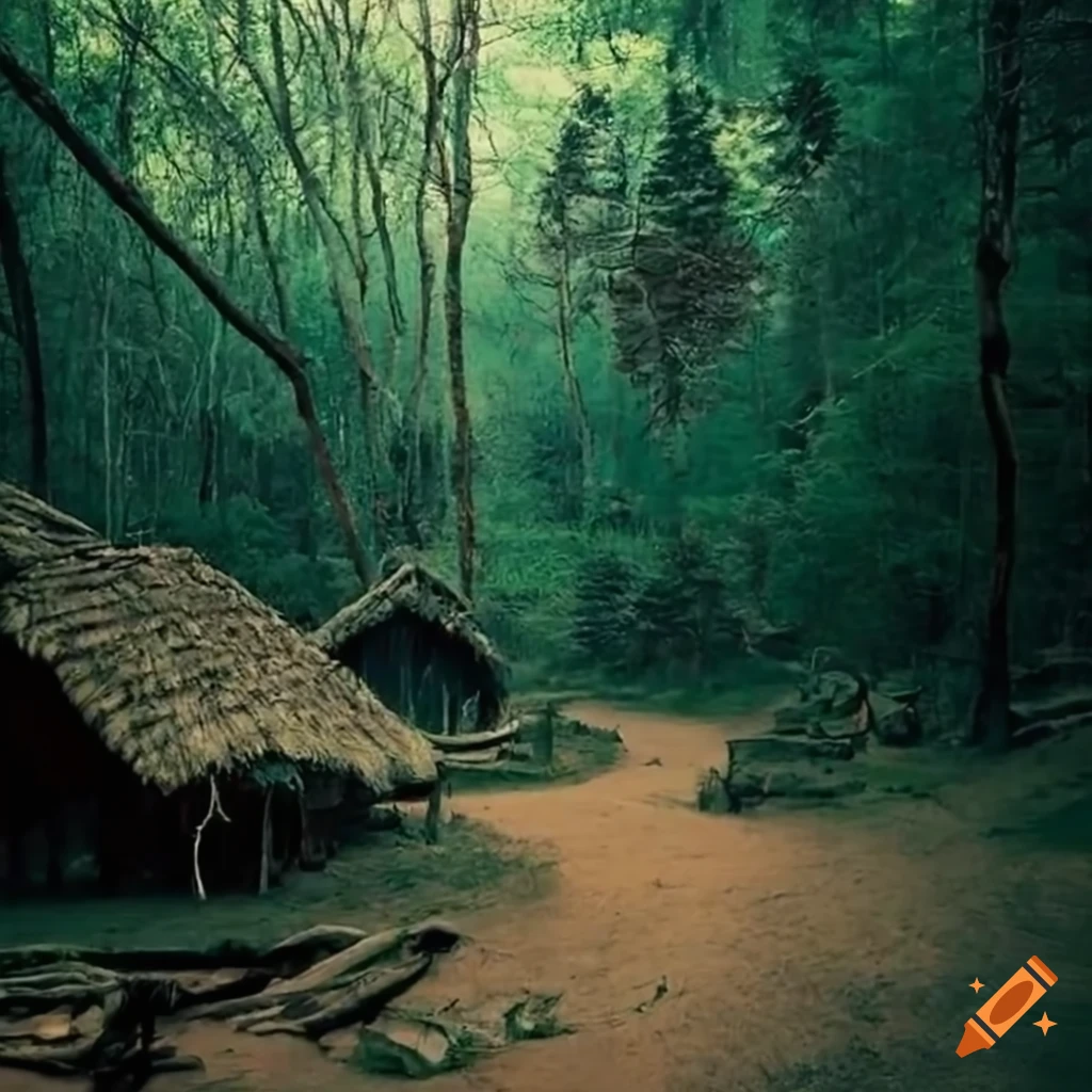 Ancient village in a forest with indigenous people on Craiyon