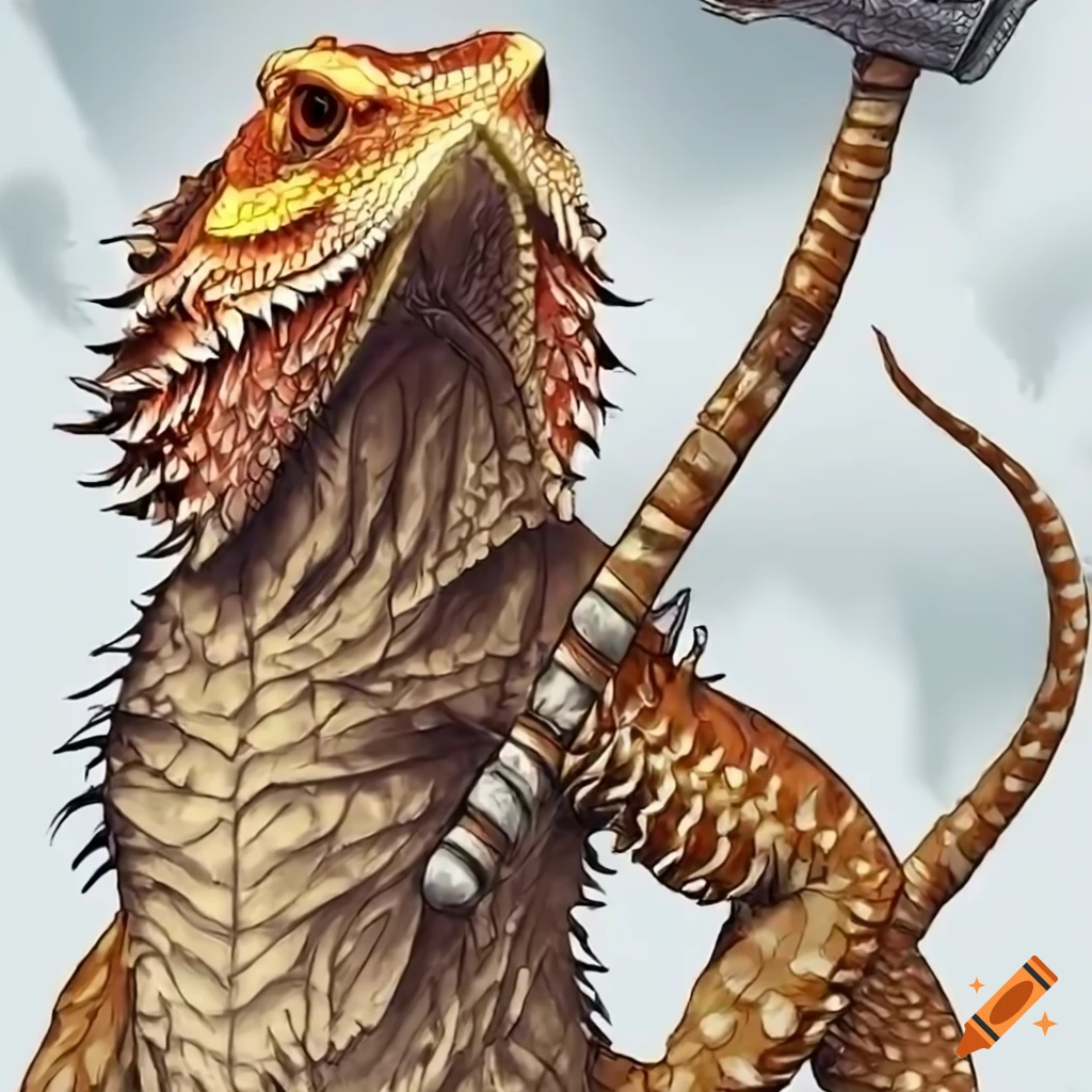 Bearded dragon with a comically large fantasy hammer on Craiyon