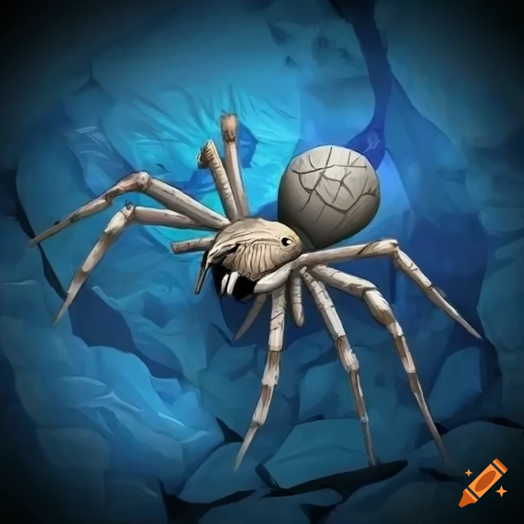 Illustration of an old grey spider in a blue cave on Craiyon