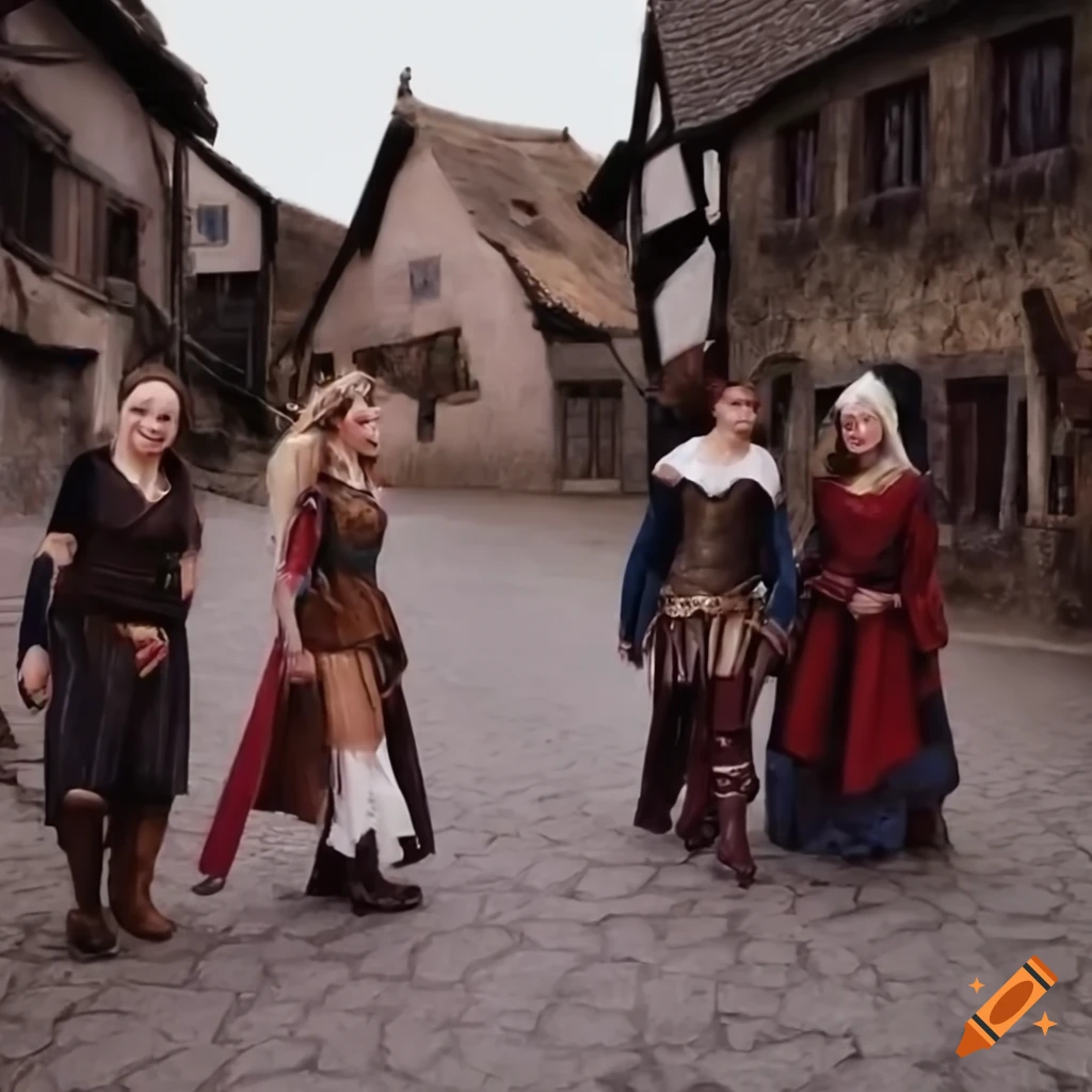 Four fantasy characters meeting at crossroads in a medieval village on ...