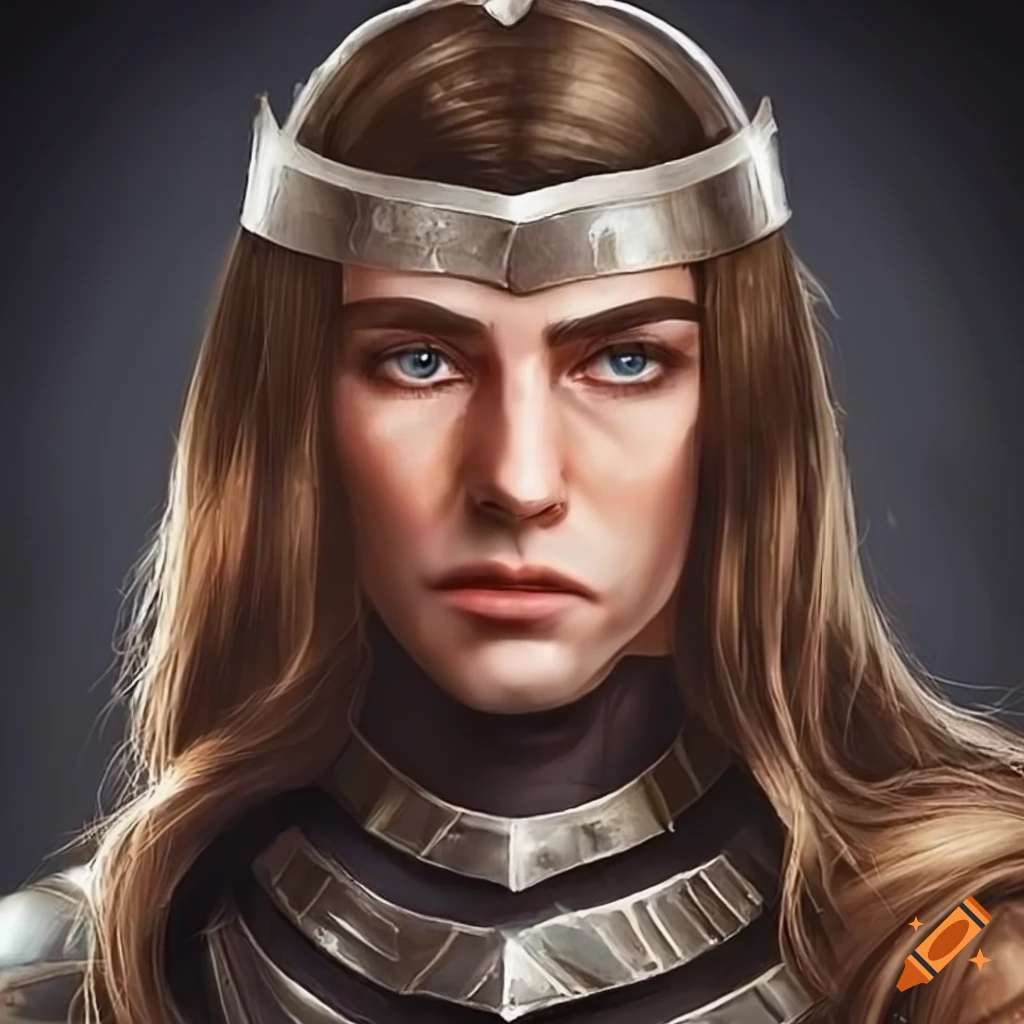 Big knight with long brown hair and amber eyes in a photo style on Craiyon