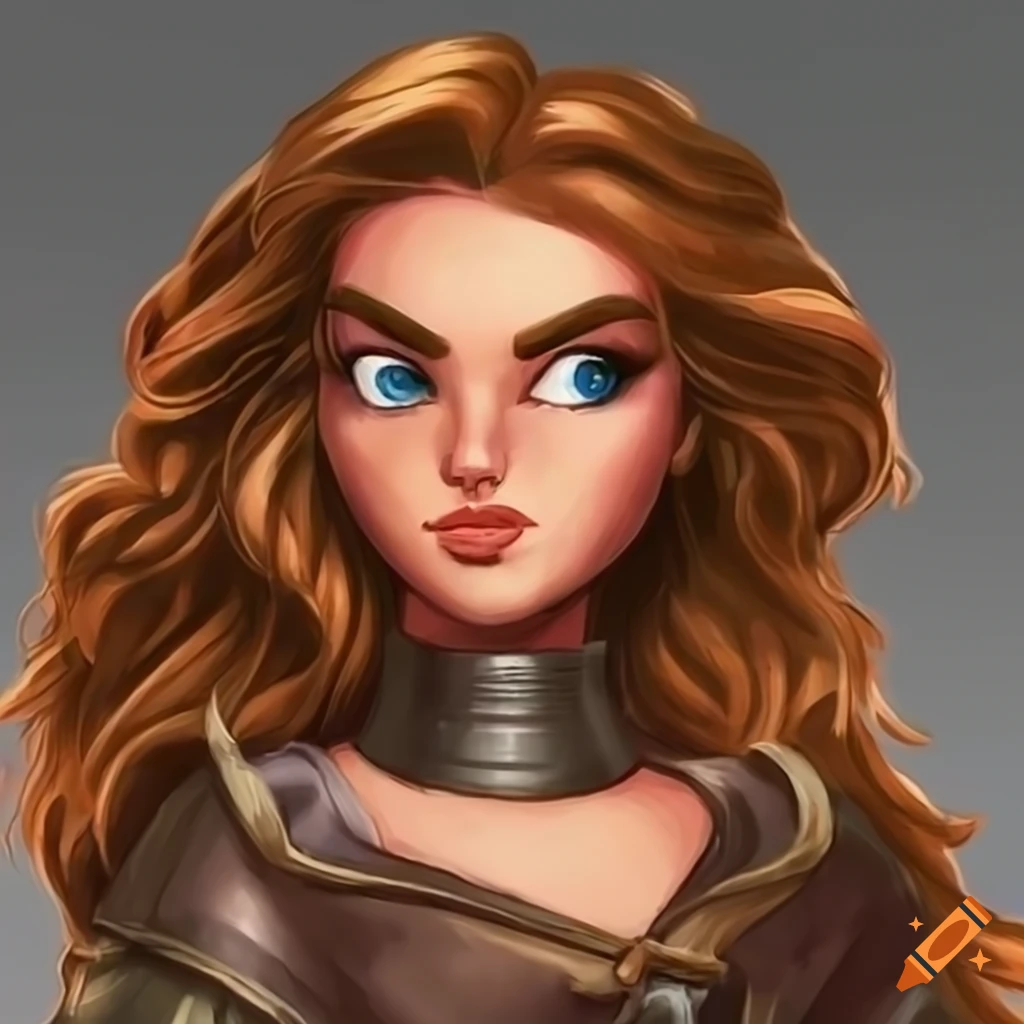 Close up portrait of a female medieval rogue with brown wavy hair in a ...