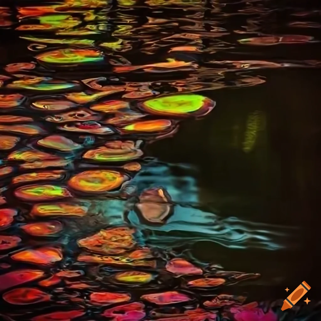 Psychedelic water puddle on city street with oily swirls and flowers ...