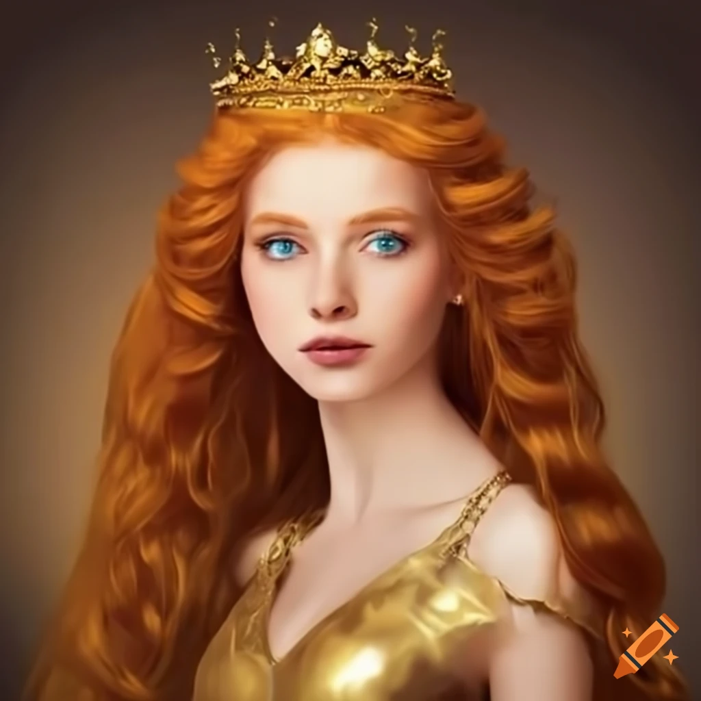 Radiant redhead young princess in golden dress on Craiyon