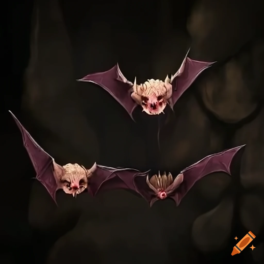 Vampire bats flying in a dungeon setting on Craiyon