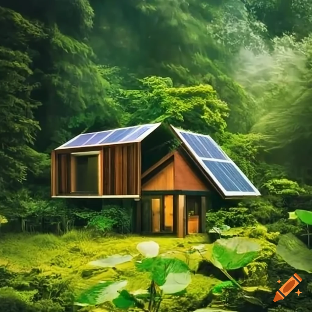 Eco-friendly wooden house with greenery and solar panels on Craiyon